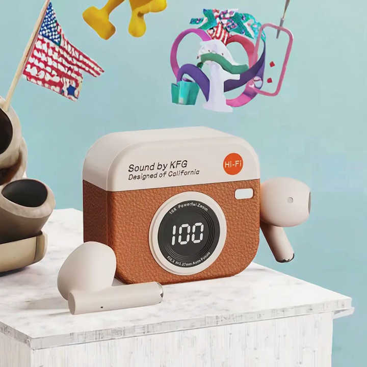 Q86 Retro Camera Leather Grain Wireless Earbuds In-Ear Digital Display ...