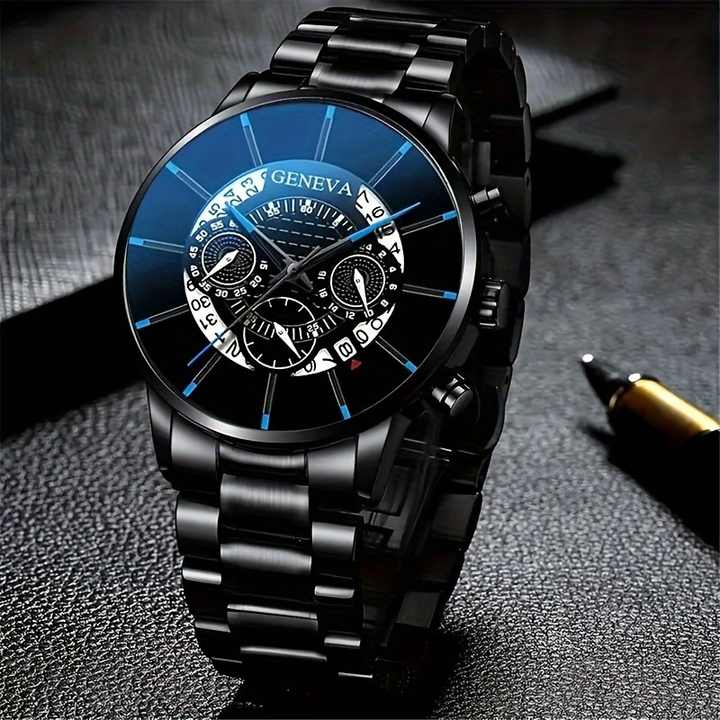 Men's Stylish Quartz Watch & Black Jewelry Box Set, 4 Pcs