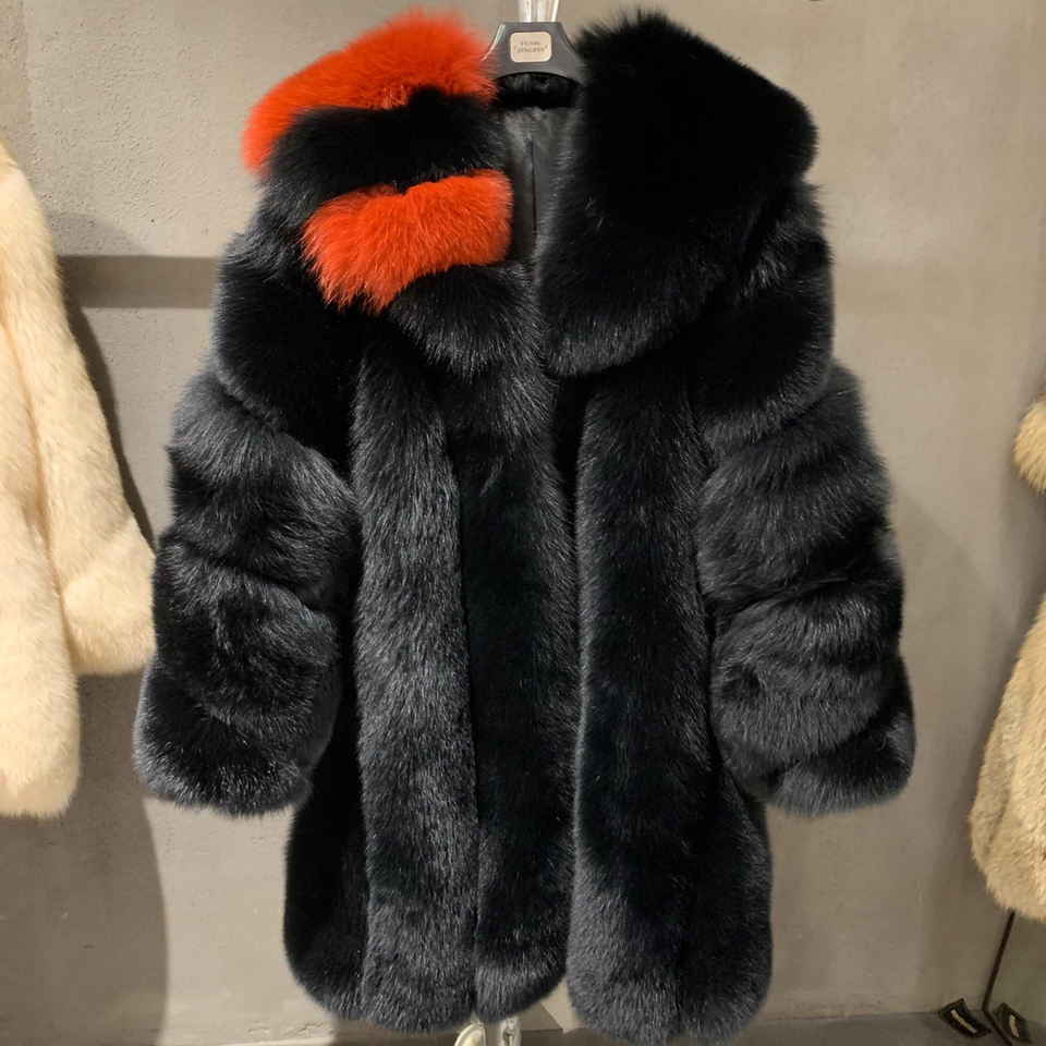 Ladies Luxury Fox Fur Jacket Color Block Wide Collar Fluffy Warm Winter ...