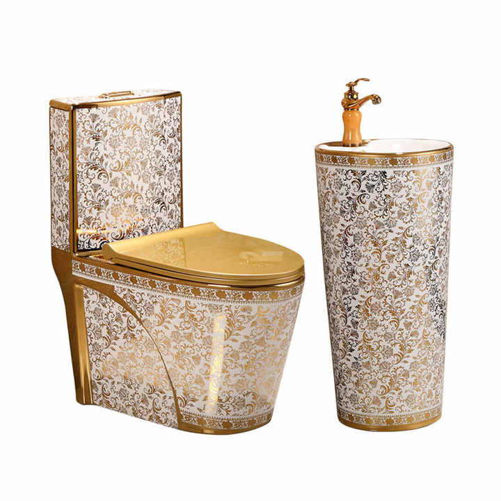 Luxury Chinese Bathroom Wc Flower Design Ceramic Gold Toilet