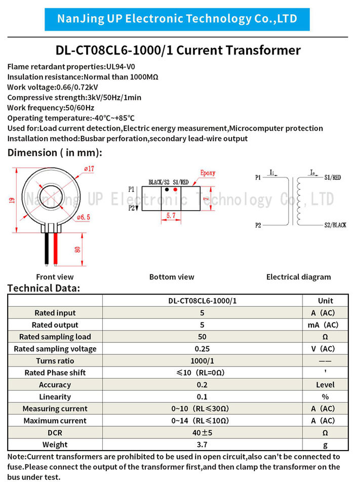 NJXSE DL-CT08CL6 Toroidal Current Transformer - Precision