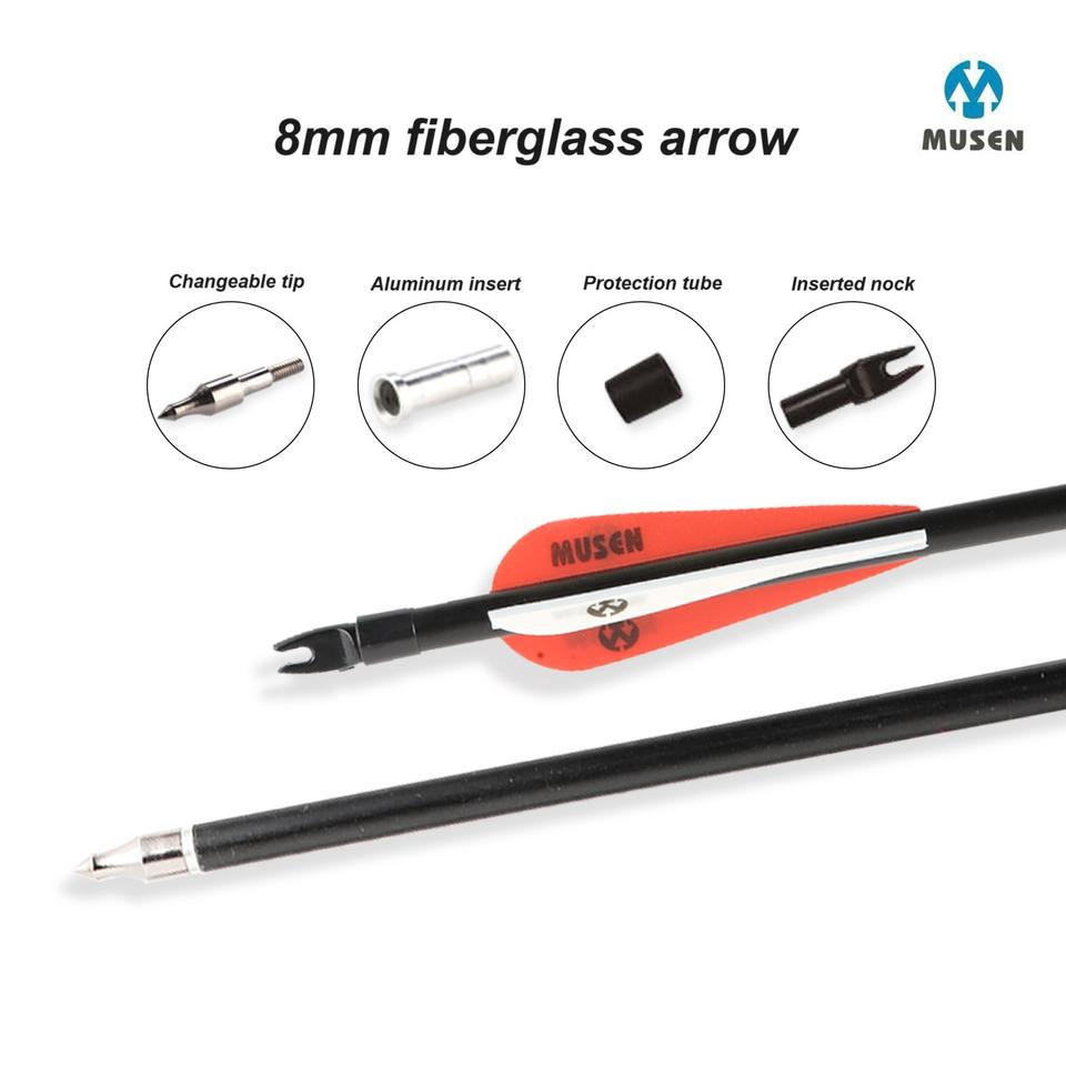 MUSEN 8mm Fiberglass Arrow for Bow & Arrow Hunting – Durable Shooting ...