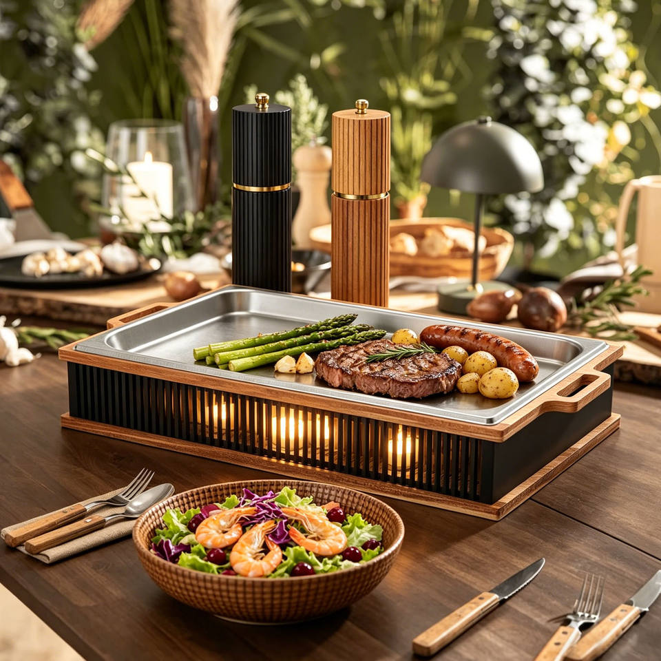 BBQ Wooden Warming Plate Tray Charcuterie Hot Plate Griller for Camping ...