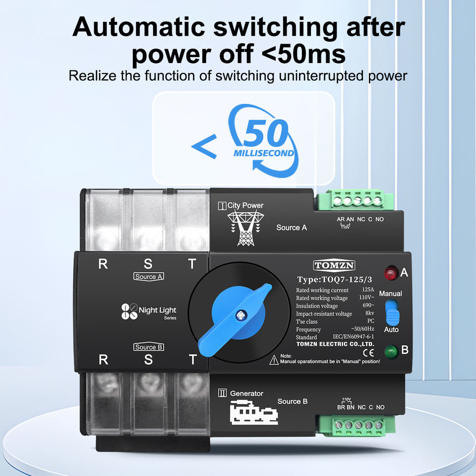 TOMZN Din Rail 3 Phase ATS 3P 63A 100A 110V 120V Switch