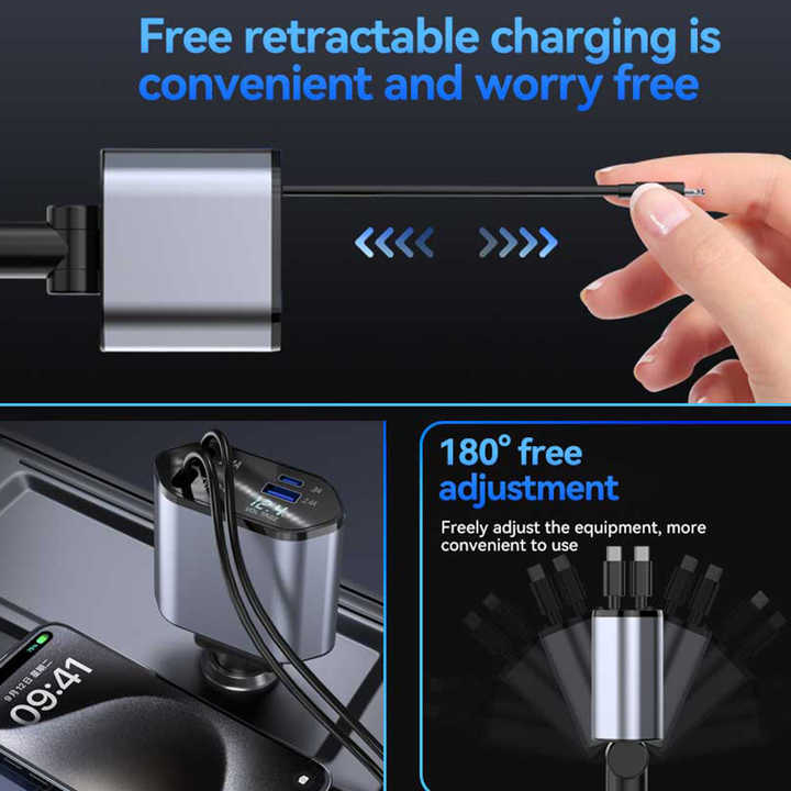 Fast Charging Retractable Car Charger - 60W 4 in 1 Multi Port