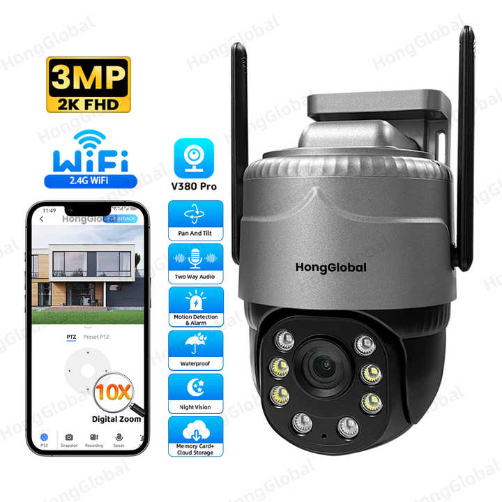 HongGlobal 3MP Monitor Video Smart Outdoor Wireless PTZ Camera V380 Pro ...
