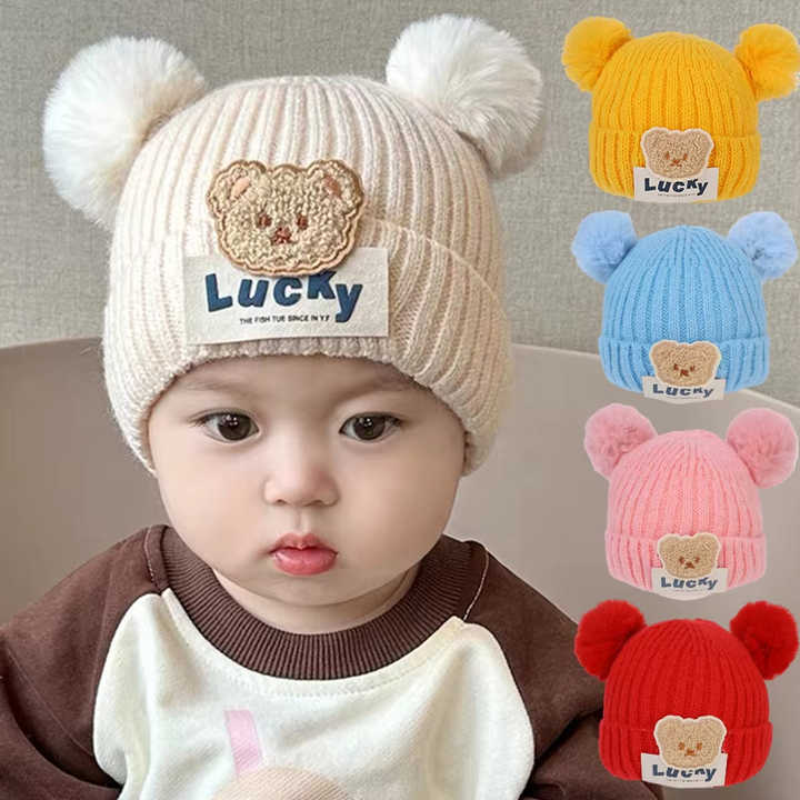 New Autumn Winter Baby Warm Knitted Hats With Pom Kids Knit Beanie Hat Solid Color Children Hat ...