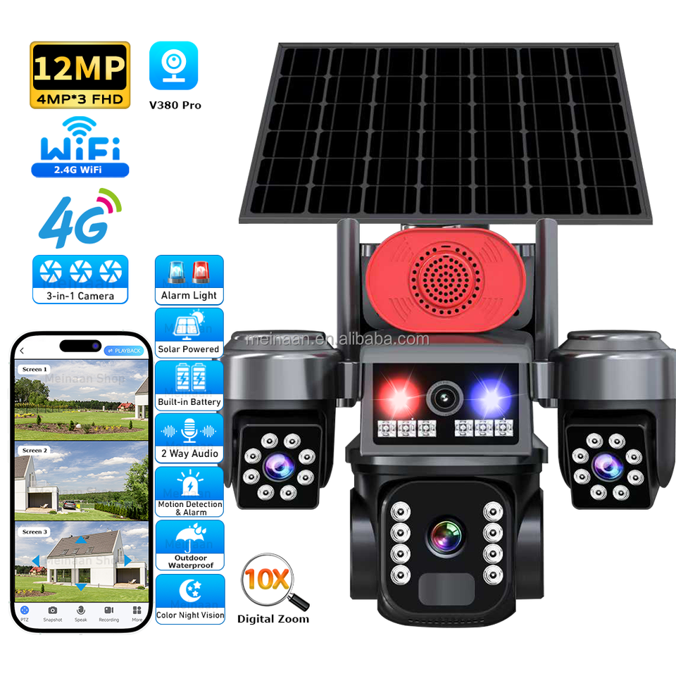 12MP 6K WiFi 4G Solar Panel Powered Wireless 3 Lens in 1 Camera V380 ...