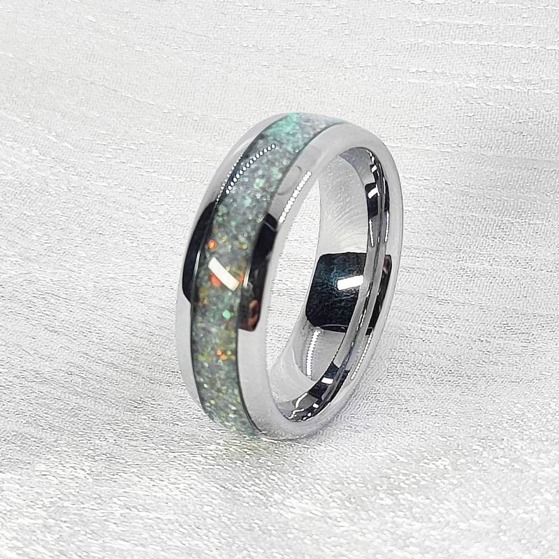 Synthetic Shattered White Opal Ring 8mm Silver Tungsten Carbide Curved ...