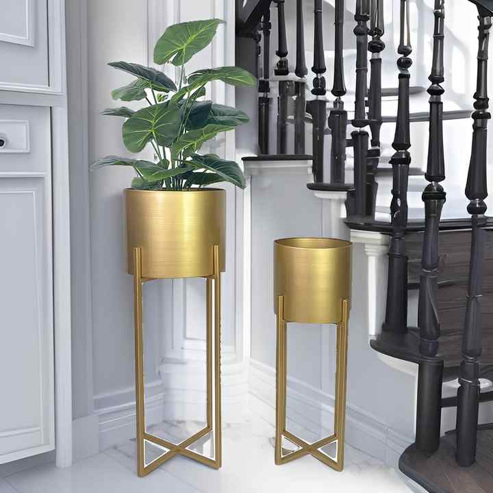 Lander Set of 2 Modern Luxury Gold Floor Planters for Home
