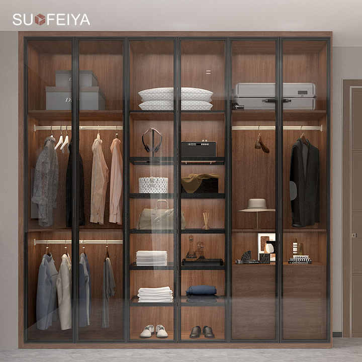SUOFEIYA High Quality Modern Wooden Almirah Design Customized Bedroom Wall Cabinet Glass Door ...