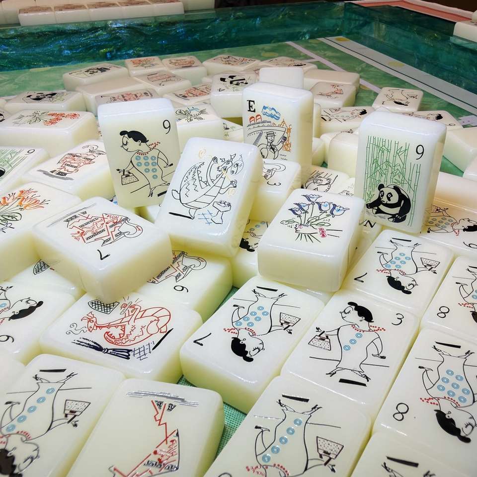 Retro Hand-Drawn American Mahjong Tiles Set Cartoon Lady Panda Vase ...