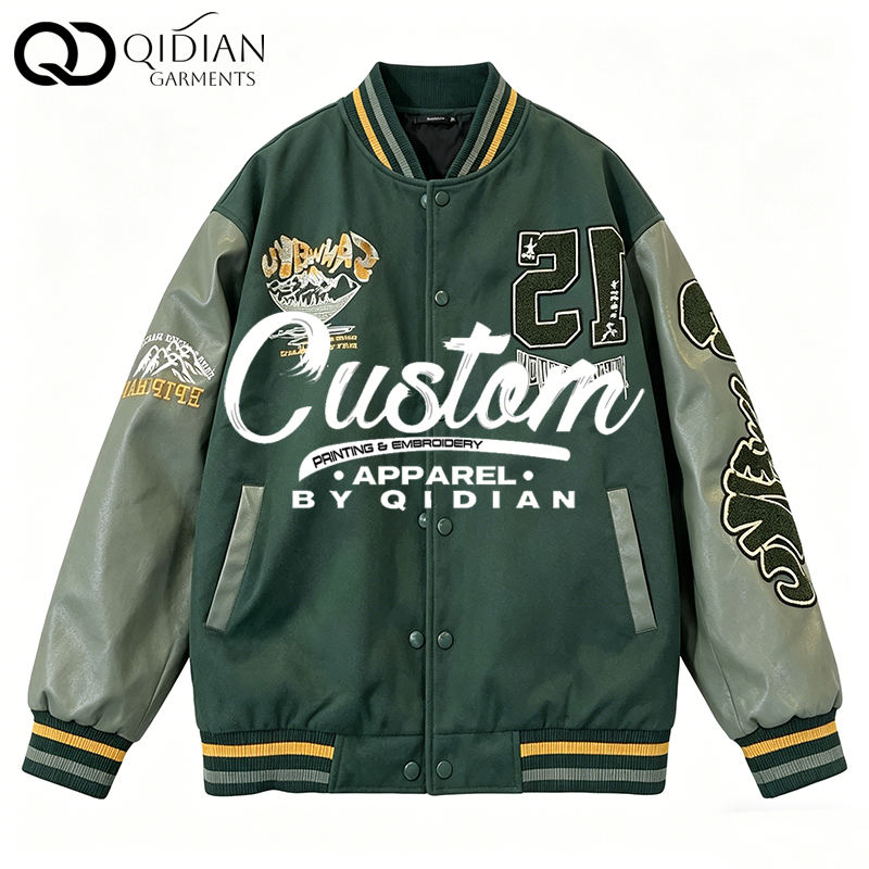 OEM Custom Men Retro Bomber Jacket Embroidered Leather Sleeve Windproof ...