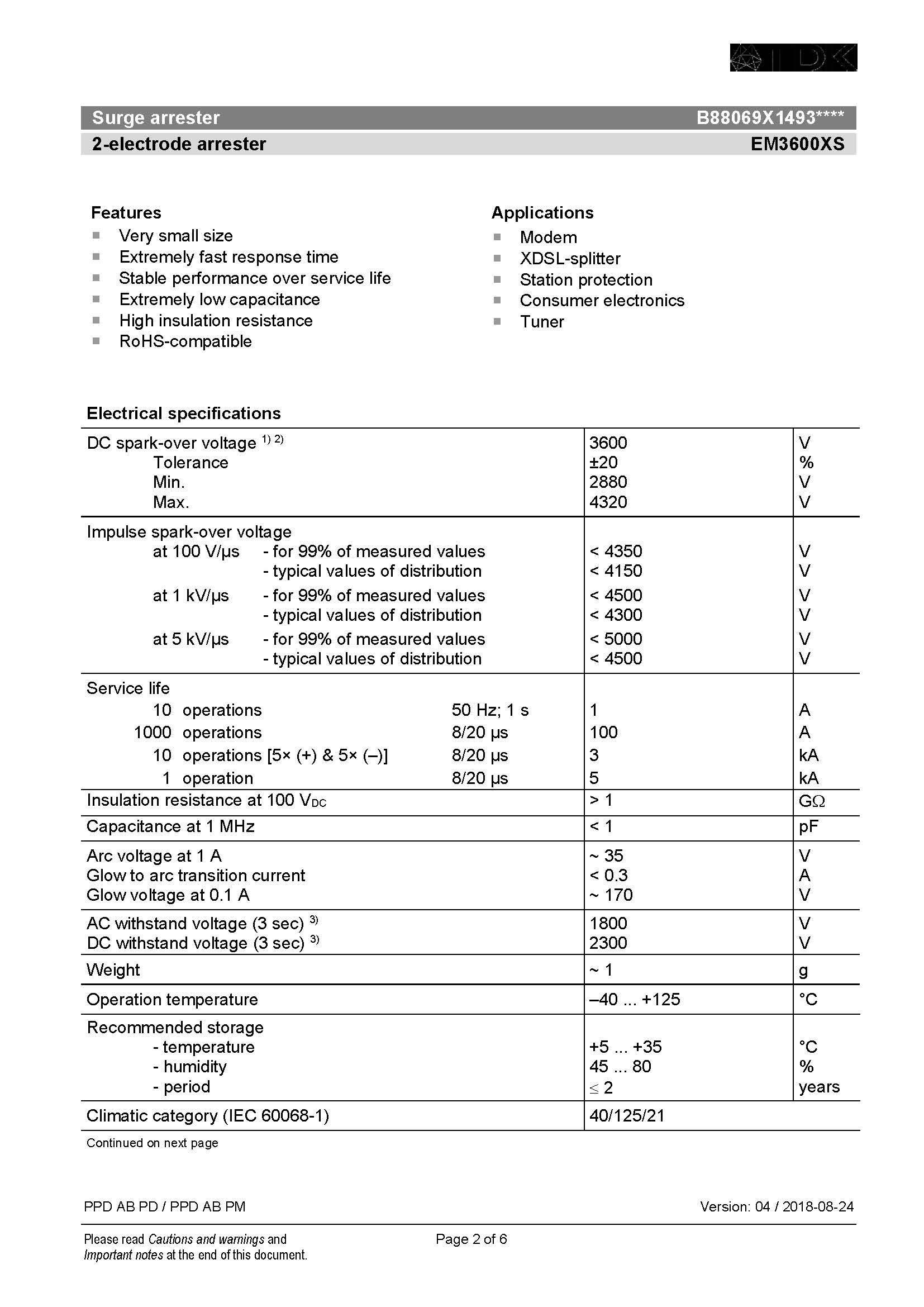 TDK/EPCOS GDT B88069X1493T502 EM3600XS 3600V gas discharge tube ...