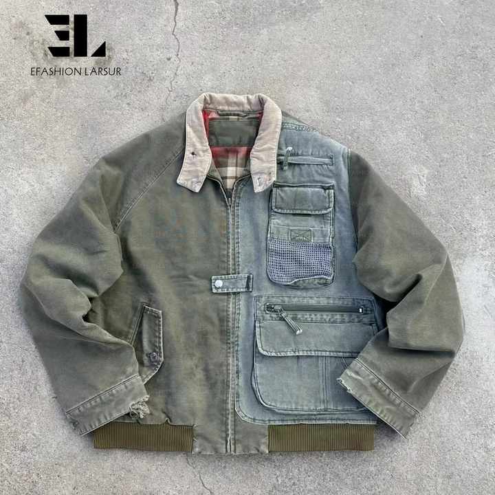 LARSUR Custom Distress Wash Patchwork Heavy Duck Canvas Work Jacket ...