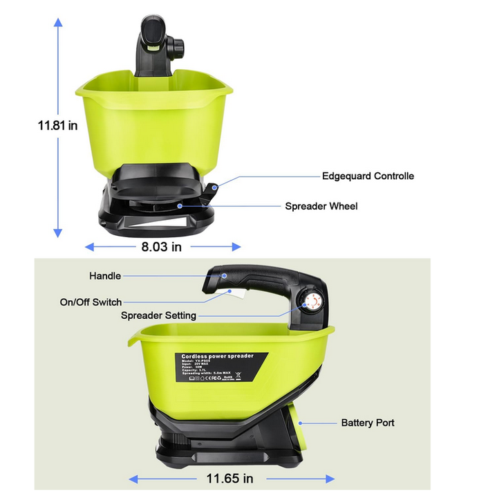 QIYUN 18V Ryobi Lawn Fertilizer Spreader Plastic Rock Salt & Ice Melt Spreader with Battery ...