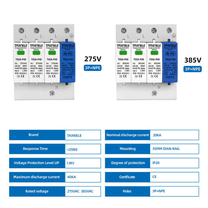 AC SPD Lightning Arrester 3P+NPE 40KA 50KA T1 T2 385V 275V 255V House Surge Protector Protective ...
