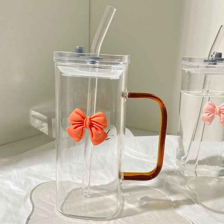 Hot Transparent Simple Square Water Cup Bow With Handle Glass Straw Cup ...