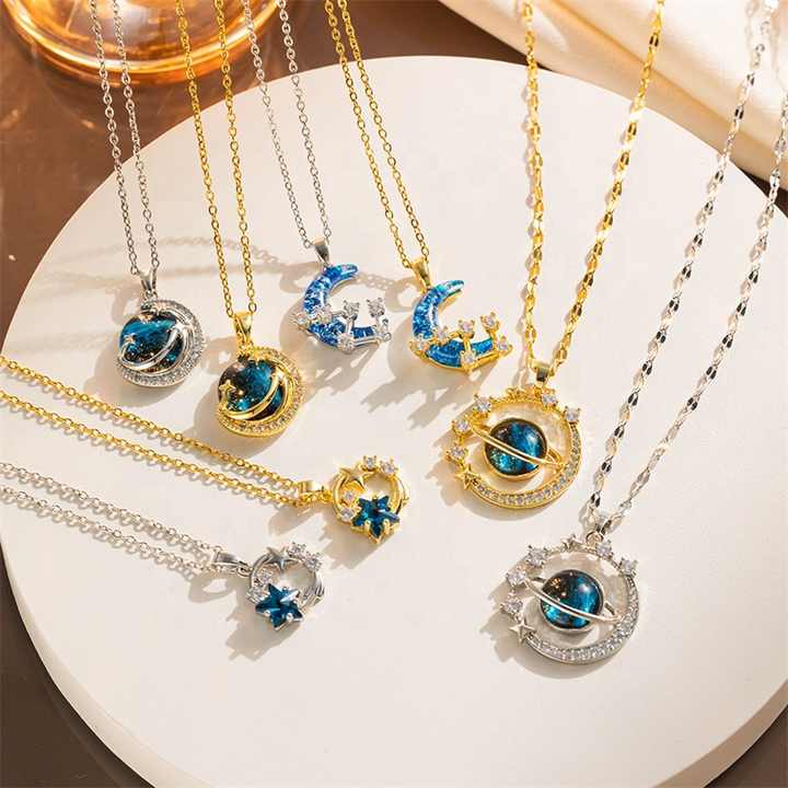 Luxury 18K Gold Plated Titanium Steel Star Moon Zircon Necklace for Women