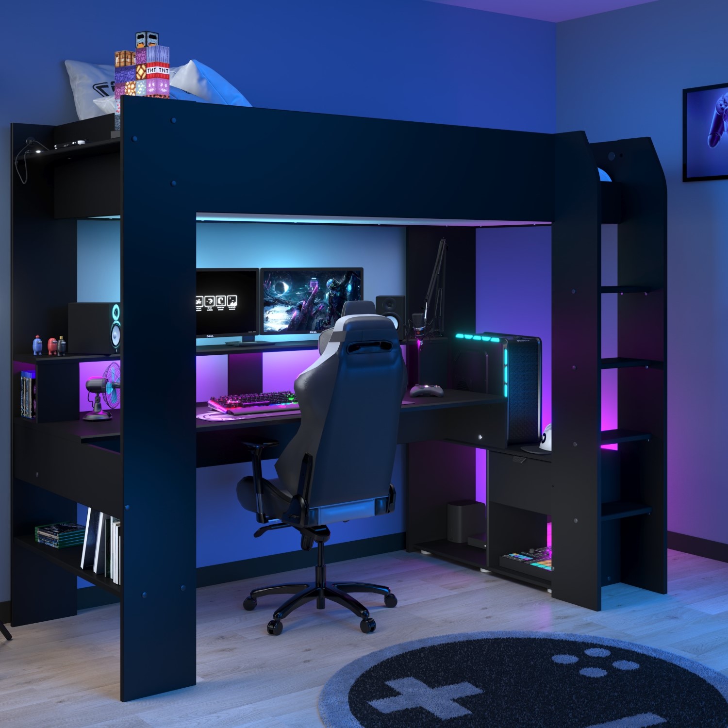 Bed with gaming desk underneath store