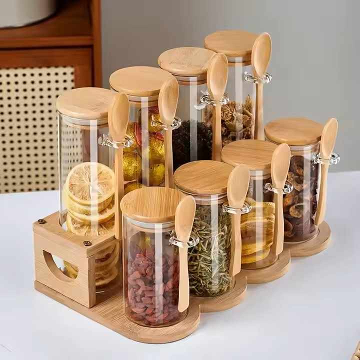 Bamboo Lid Spoon Bamboo Stand Round Sealed High Borosilicate Food Spice Coffee Kitchen Glass ...