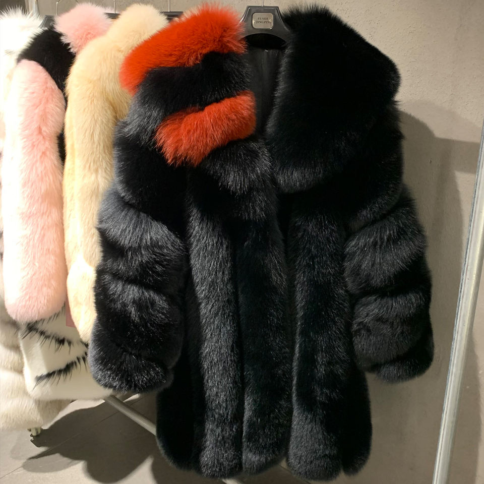Ladies Luxury Fox Fur Jacket Color Block Wide Collar Fluffy Warm Winter ...
