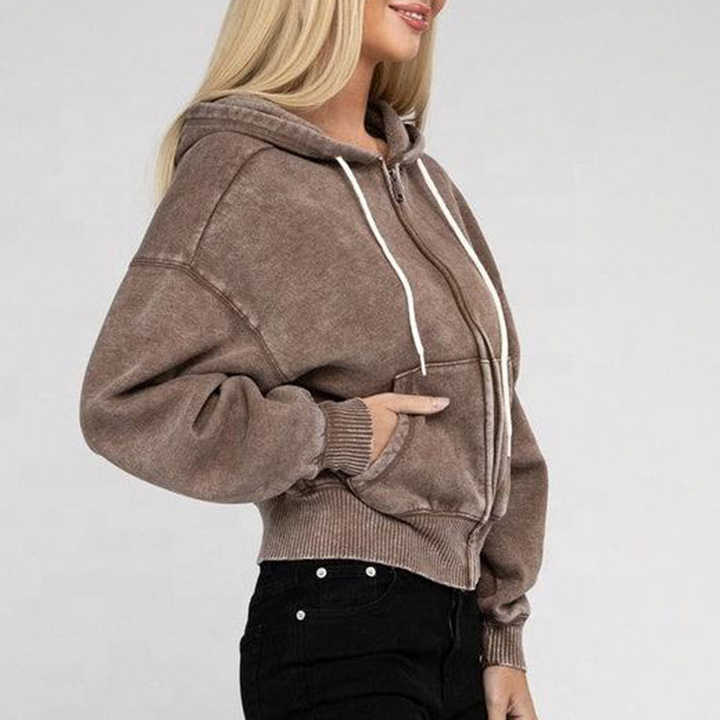 Custom Washed Zip Hoodie Lady Heavyweight French Terry Drop Shoulder ...