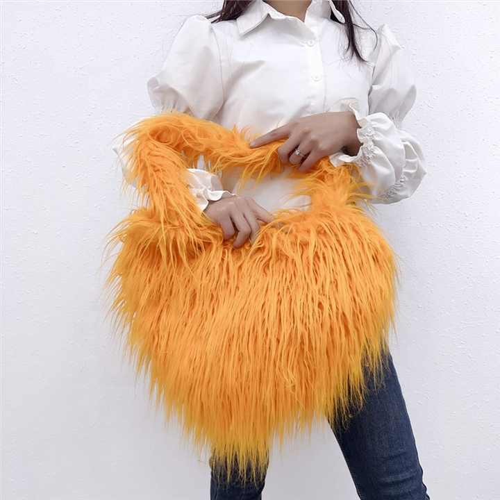 Faux Natural Fur-Ever Mongolian Furry Fur Heart Shape Tote Bags for Women
