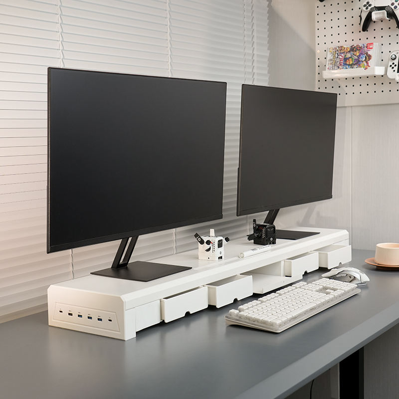 1000 White Computer Monitor Height Stand with Four Drawers, USB 3.0 ...