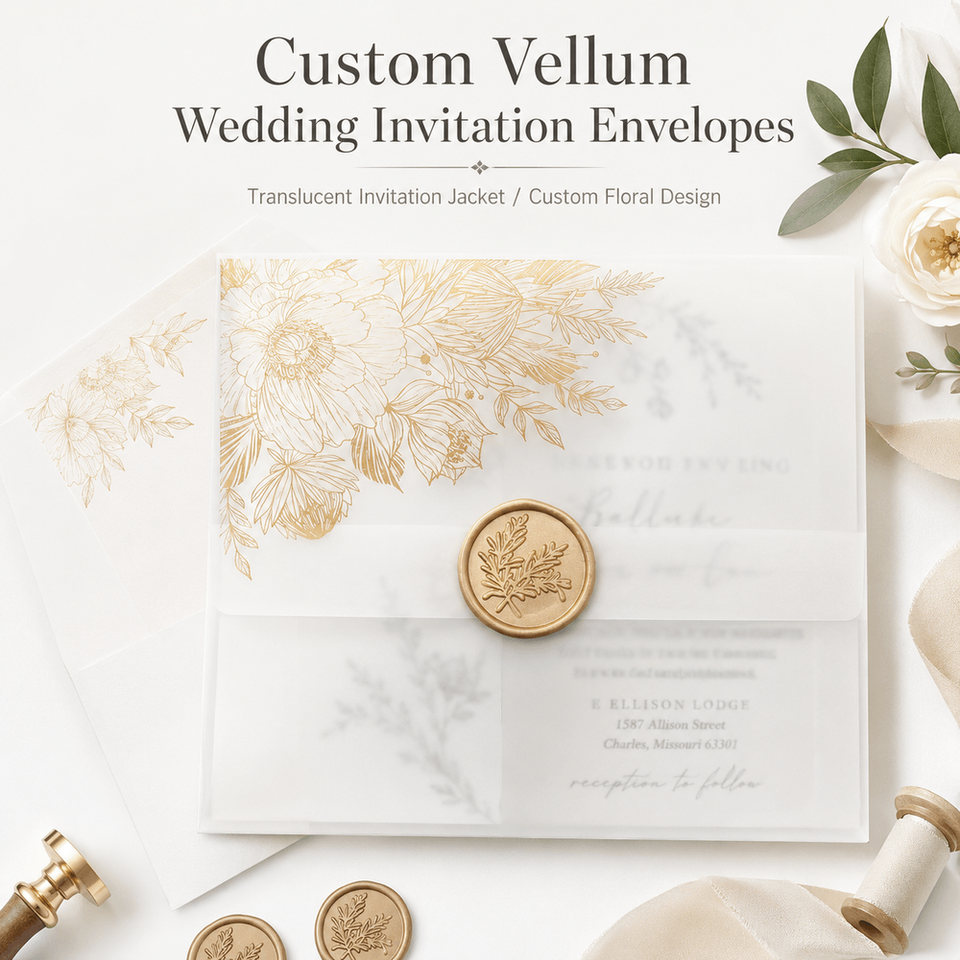 Custom Vellum Wedding Invitation Envelopes Floral Foil Jacket Wraps for ...