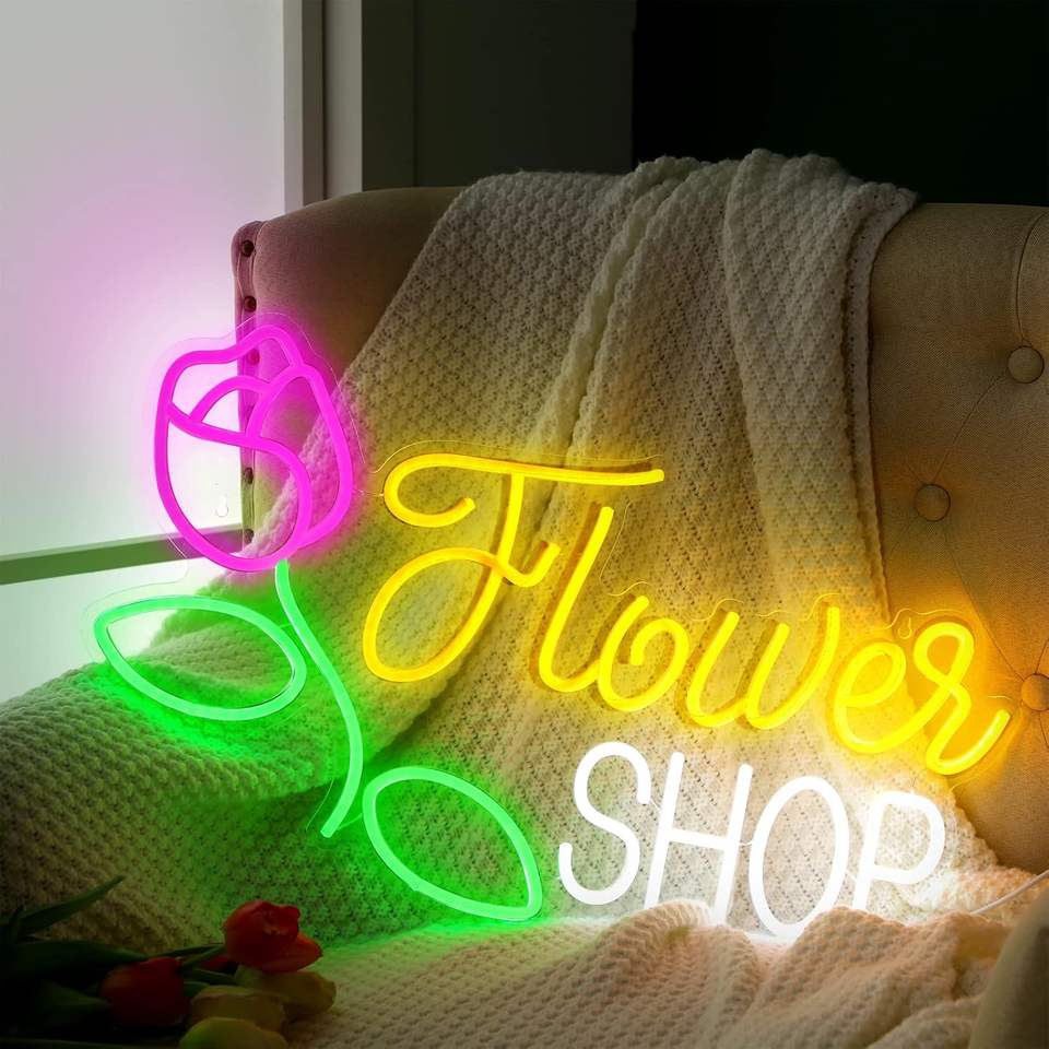 Large Acrylic LED Neon Signs Flower Shop Decorative Wall Art Hanging ...