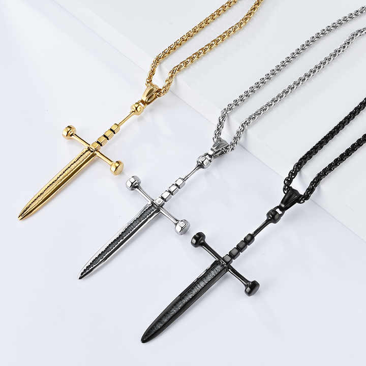 Retro Knight Ancient Sword Weapon Cross Titanium Steel Pendant Necklace ...