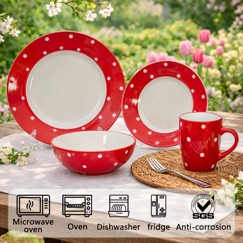 Guangda 16-Piece Red Polka Dot Stoneware Dinnerware Set | Plates Bowls ...