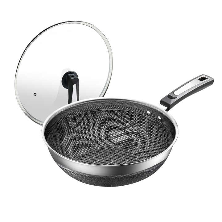 Lennon 316 Stainless Steel Non-Stick Wok with Glass Lid Household Smokeless Round Bottom Stir ...