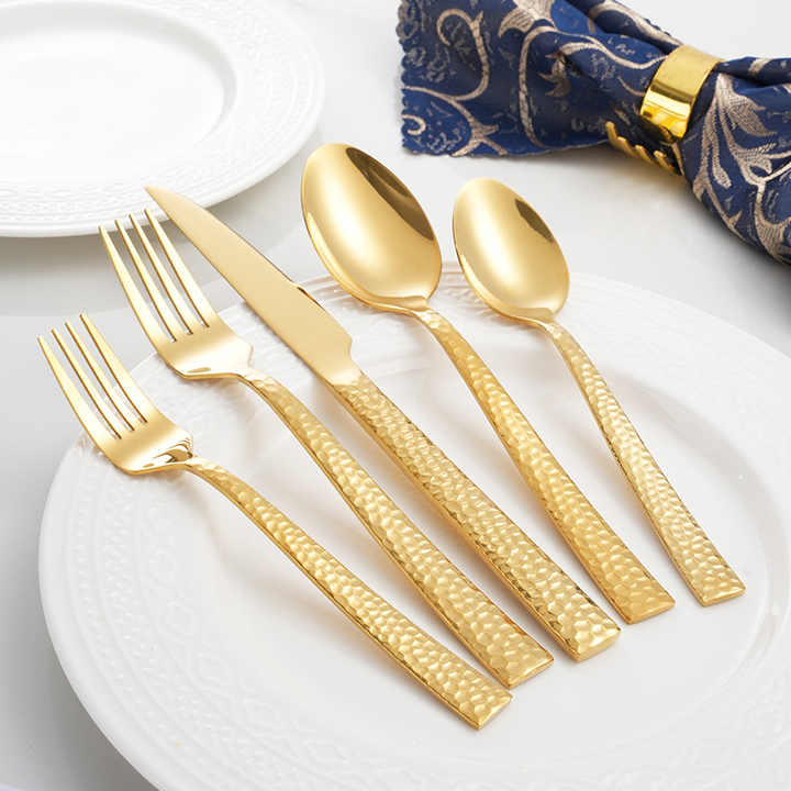 Luxury Hammered Golden Cutlery Set Knife Spoon Fork Stainless Steel ...