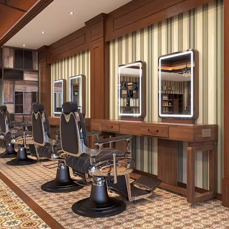 Retro Hair Salon Mirror - Solid Wood, Stylish & Functional