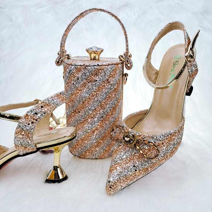 Champagne Color Nigerian Party Shoe and Bag Sets for Weddings