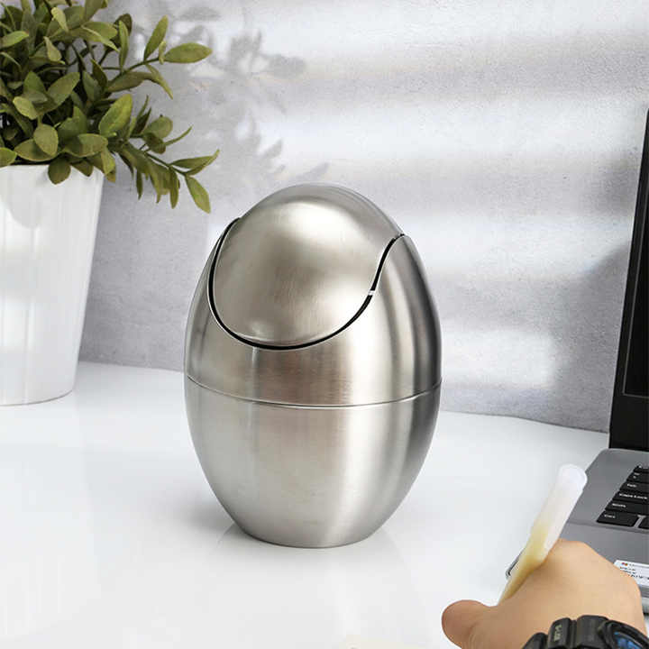 Stainless Steel Mini Trash Bin with Swing Lid Small Oval Indoor Office ...