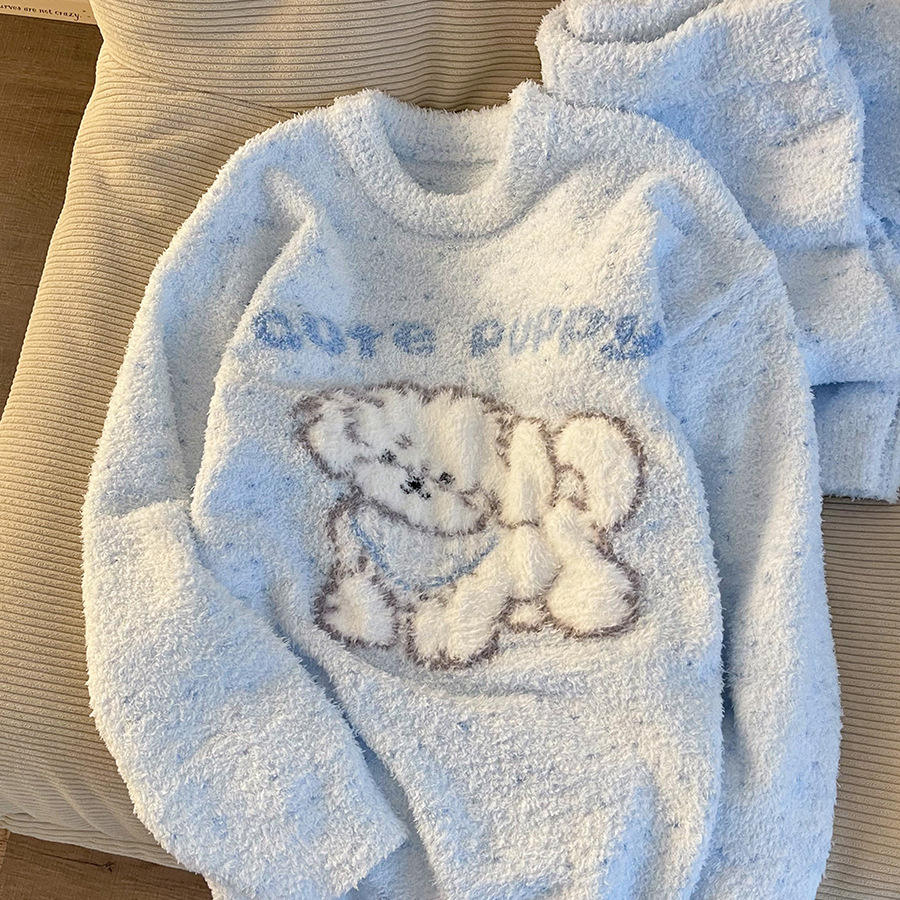 Cute Puppy Print Half Fleece Pajamas Crew Neck Long Sleeves Soft Fluffy ...