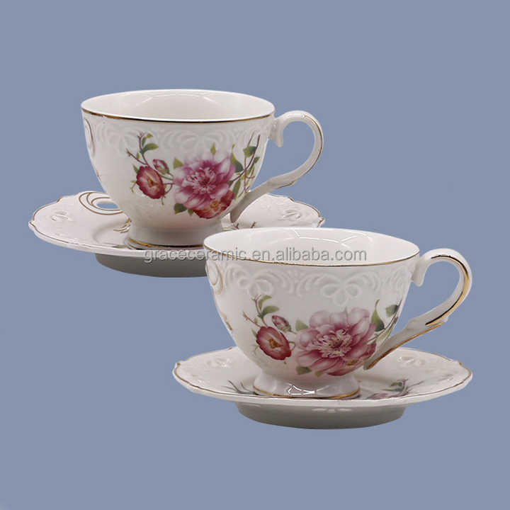 24pcs Modern Tea Cups and Saucer Set with Embossed Floral Design