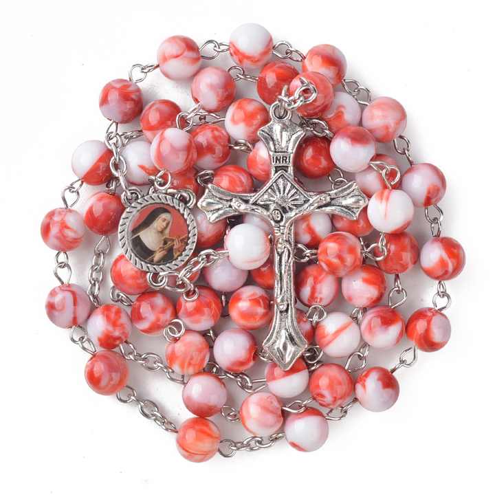 Unisex Religious Red Rosary Necklace 8mm Acrylic with Catholic Cross ...