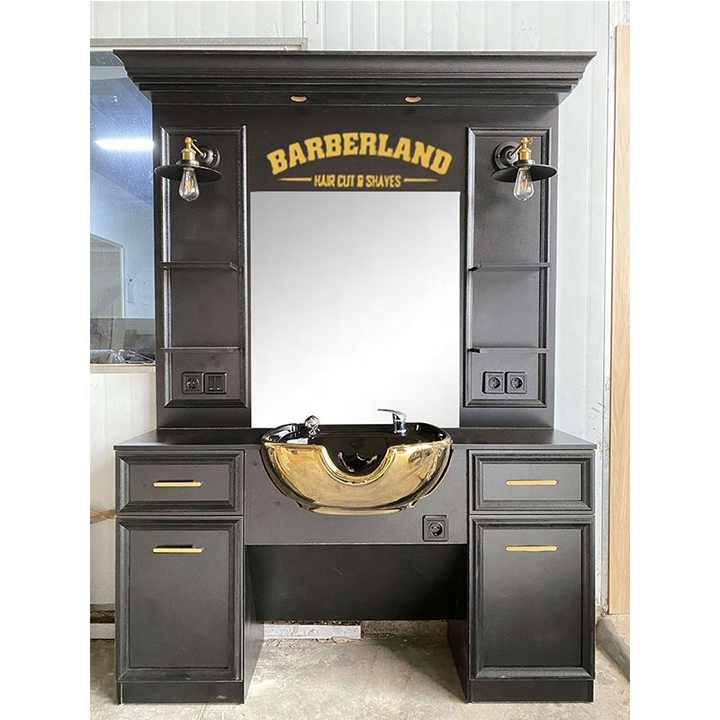 Luxury Barber Shop Station with Shampoo Sink Gold Barber Chair Station ...