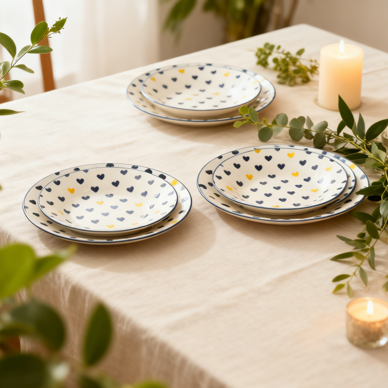 Heart Pattern Pad Printing Tableware Set 18PCS Perfect for Couple Meals ...