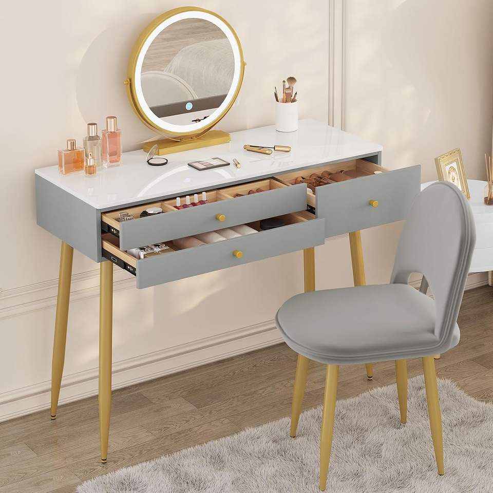 Modern Grey Dressing Table LED Mirror Adjustable Brightness 3 Drawers ...
