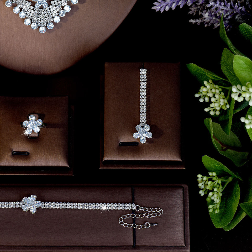 4PCS Flower Design Necklace and Earring Sets Cubic Zirconia Jewelry ...