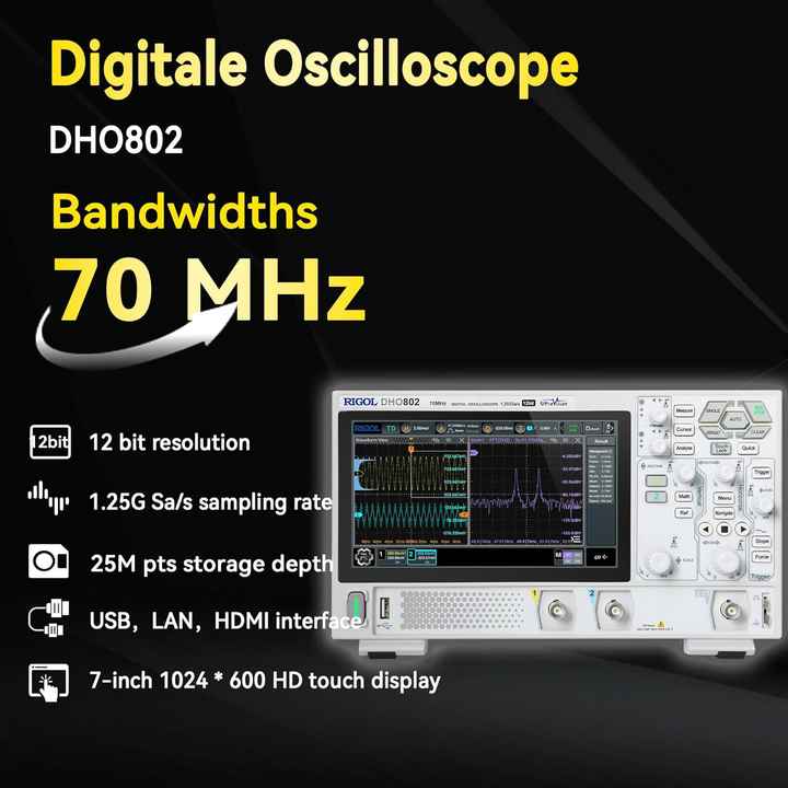 RIGOL DHO802 Digital Oscilloscope 70MHz Frequency Band 12-Bit Vertical Resolution 1.25 GSa/s ...