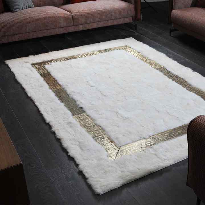 White Patchwork Carpet - Faux Rabbit Fur & Geometric Design