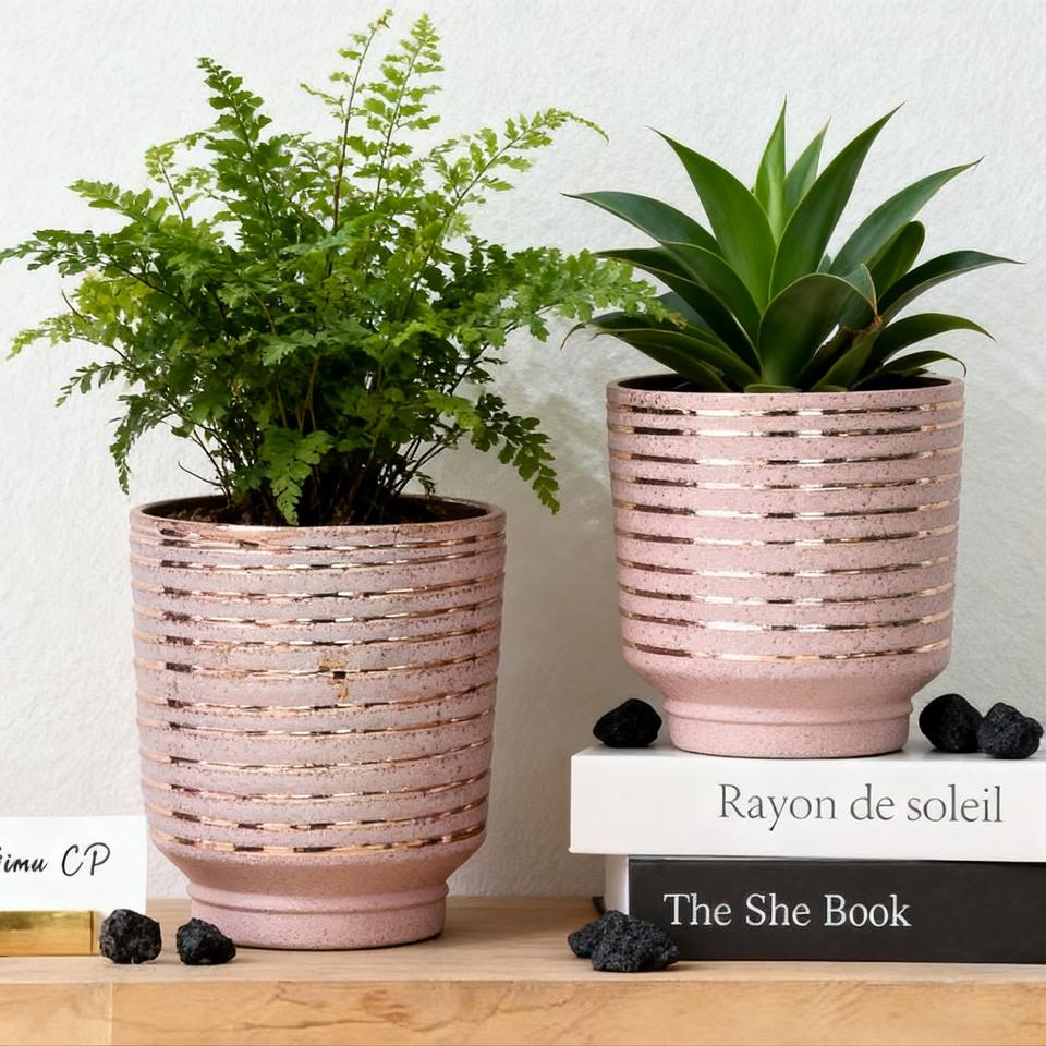 Rose Gold Striped Ceramic Planters Luxury Glitter Flower Pots for ...