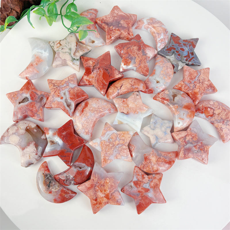 Hot Sale Crystal Craft Stone Moon Star Carvings Pink Agate Moon Star ...