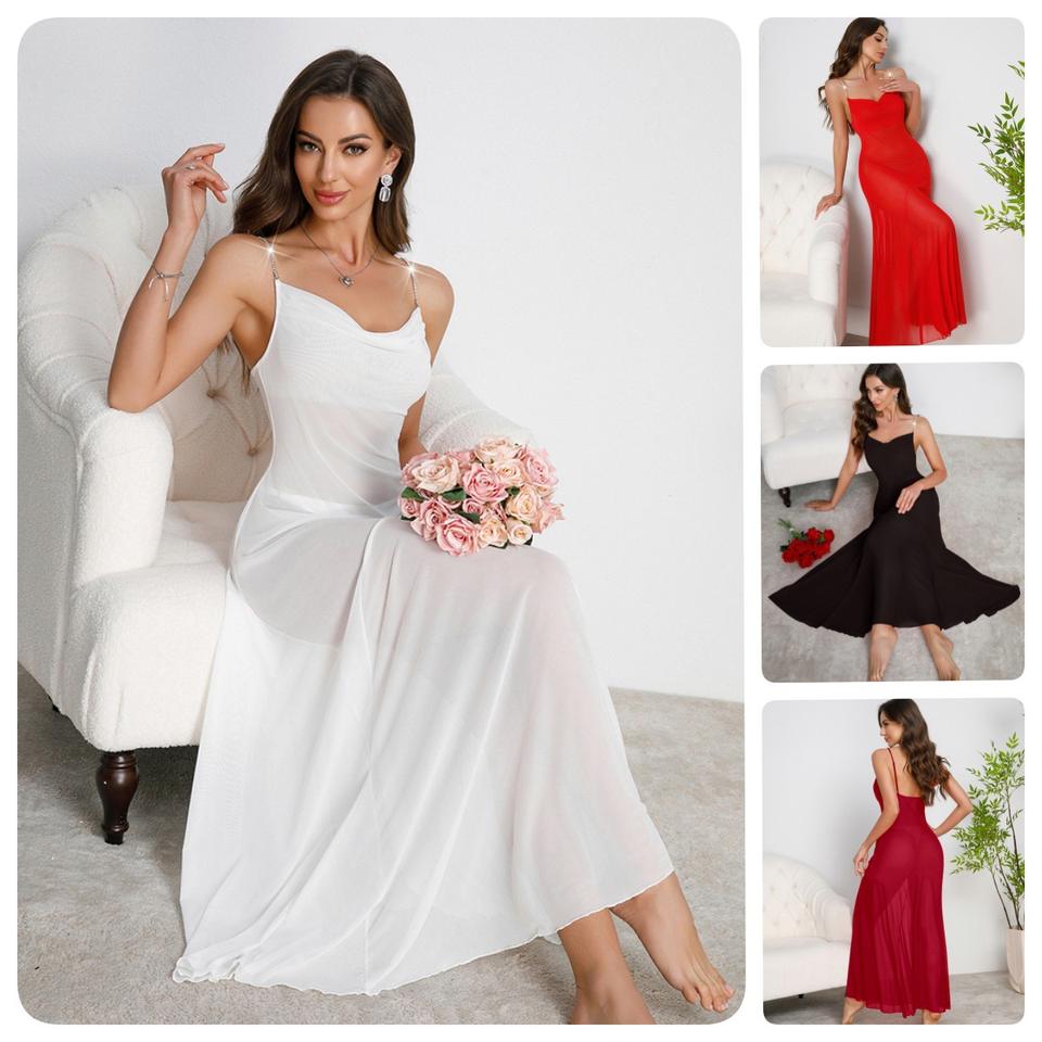 Mufei Summer Party Floor-Length V-neck Sexy Mesh Breathable Spaghetti ...